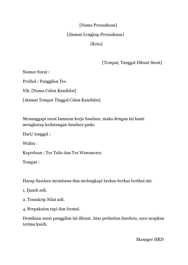 5 Contoh Surat Panggilan Kerja Gratis Template - Layanan Pintarnya